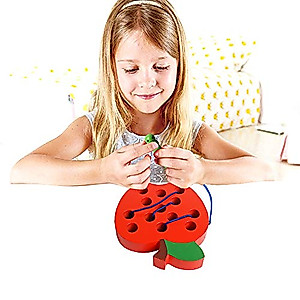 Lacing Toys for Toddlers - Wooden Lacing Apple Threading Toy, Shape Puzzle Fun Travel Game for Montessori Early Learning of Fine Motor Skills Lacing Toy, Educational Gift for Boys and Girls Ages 3-5