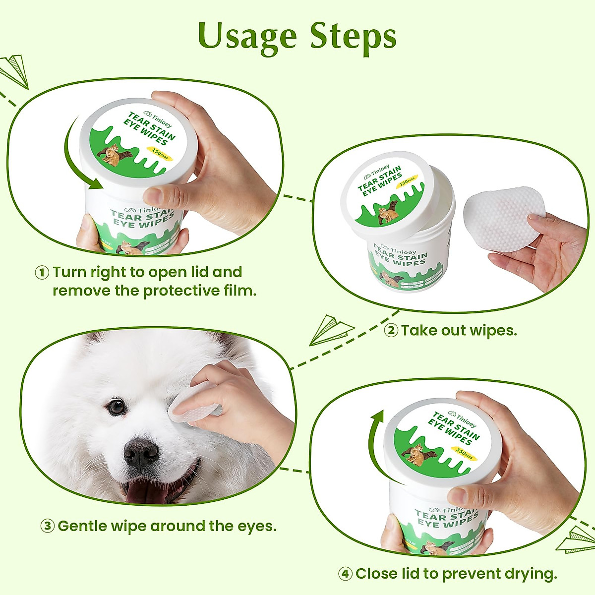 Tinioey Dog Eye Wipes for Dogs & Cats - 150pcs | Larger & Thicker Gentle Tear Stain Remover Wipes for Discharge, Mucus Secretions and Crust | Presoaked & Textured Dog Wipes for Eyes, Face and Wrinkle
