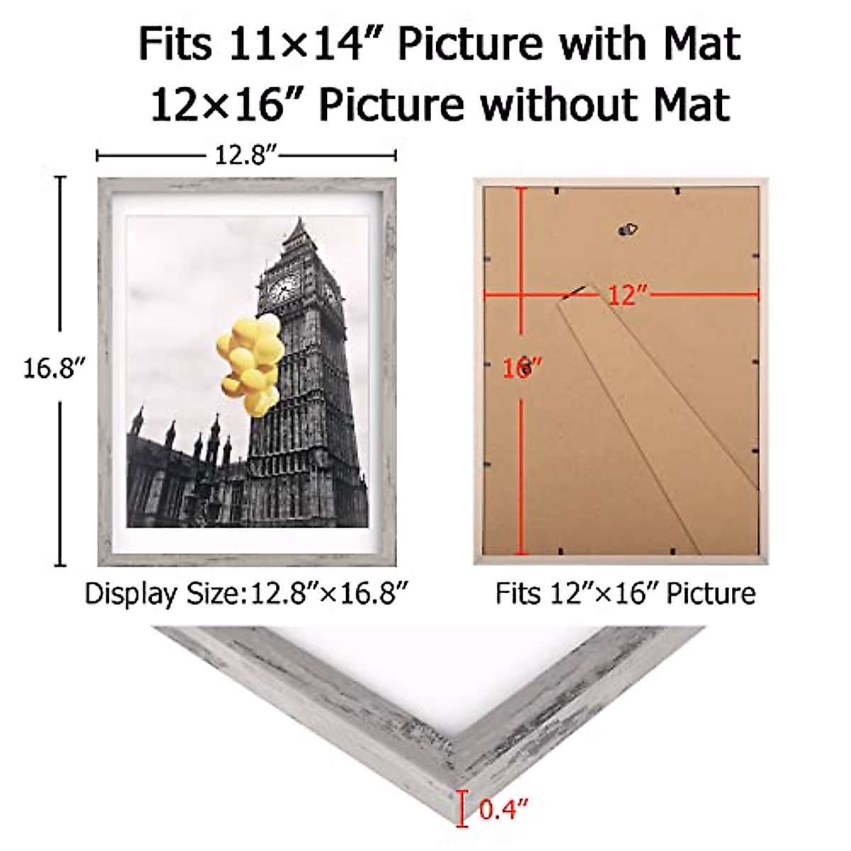 BSRHOMR 12x16 Distressed Gray Picture Frame with Mat, Country Rustic Style Photo Frame with Removable 11 x 14 Mat, Display Table Top or Wall Mount for Gallery, Set of 6