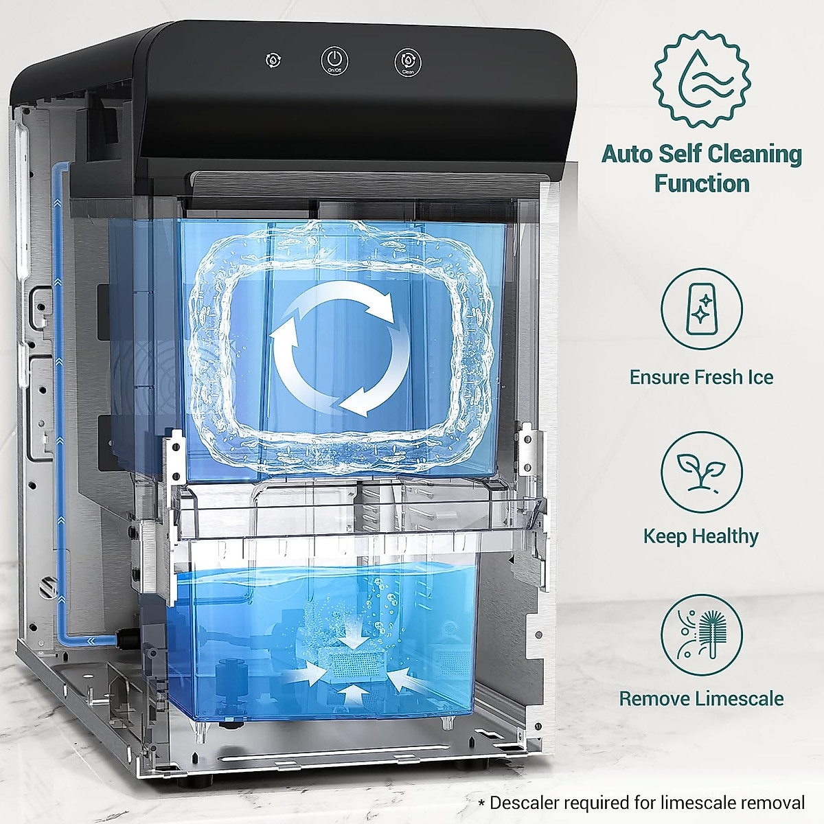 Gevi Household V2.0 Countertop Gemi Nugget Ice Maker | Self-Cleaning Pellet Ice Machine | Stainless Steel Housing |16.7''H Fits Perfectly Under Wall Cabinet | Black with Viewing Window