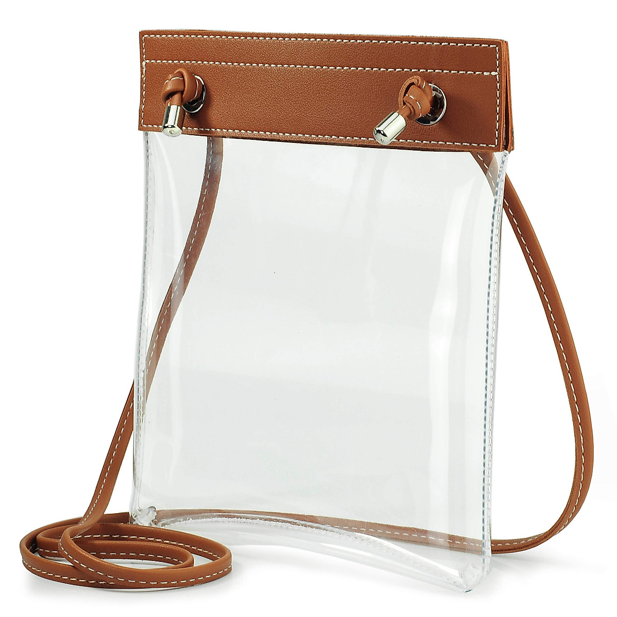 Clear Flat Cross Body Bag Women Single Shoulder Bag for Stadium Approved (Brown)