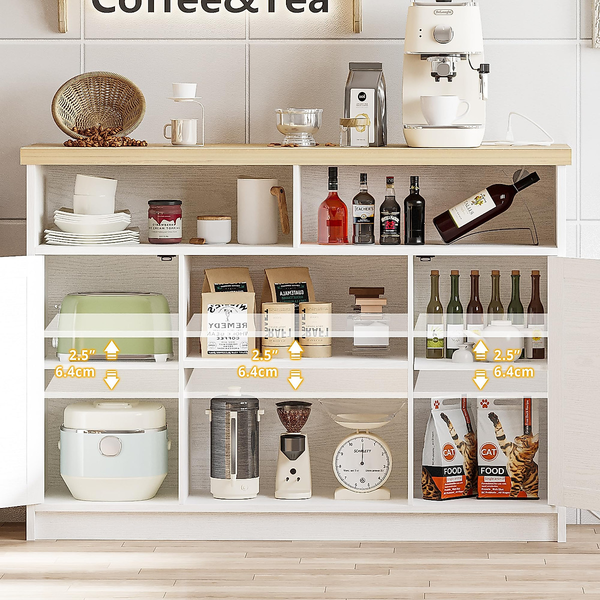 IRONCK Coffee Bar Cabinet with Power Strip, 47" Storage Cabinet with Barn Doors and Thickened Top Board, White Sideboard, Buffet for Dinning Room, Kitchen, Living Room