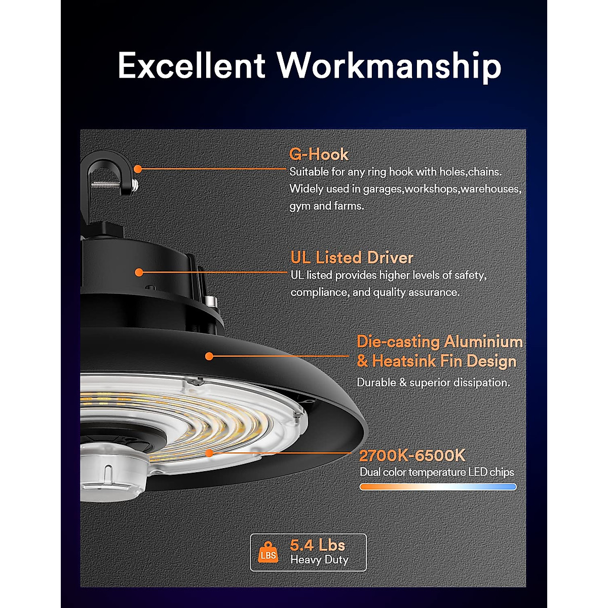 Lumary 22,000Lm Smart Aluminium UFO LED High Bay Light w/Remote, 2700K-6500K Dimmable 150W, Work with Alexa/Google - Hub Required, LED Shop Lights for Hanging Garage Workshop Factory Gym Barn