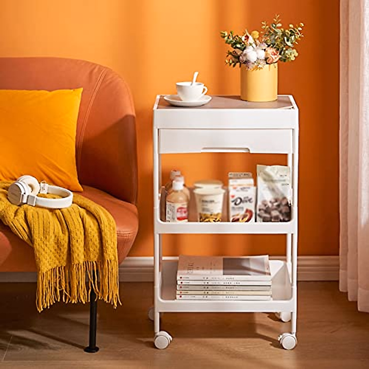 POCHY Multipurpose Kitchen Storage Wagon Service Trolley Cart 3 Tier Rolling Cart with Lockable Wheels Multifunction Movable Storage Shelves for Bathroom Office Balcony Living Room (Color : White, S