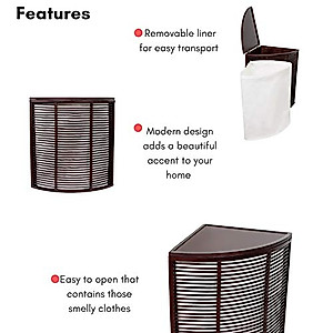BirdRock Home Compact Corner Laundry Hamper with Lid and Removable Liner - Small - Brown Bamboo - Easily Transport Laundry - Baby Dirty Clothes Bin Sorter Basket - Cut Out Handles