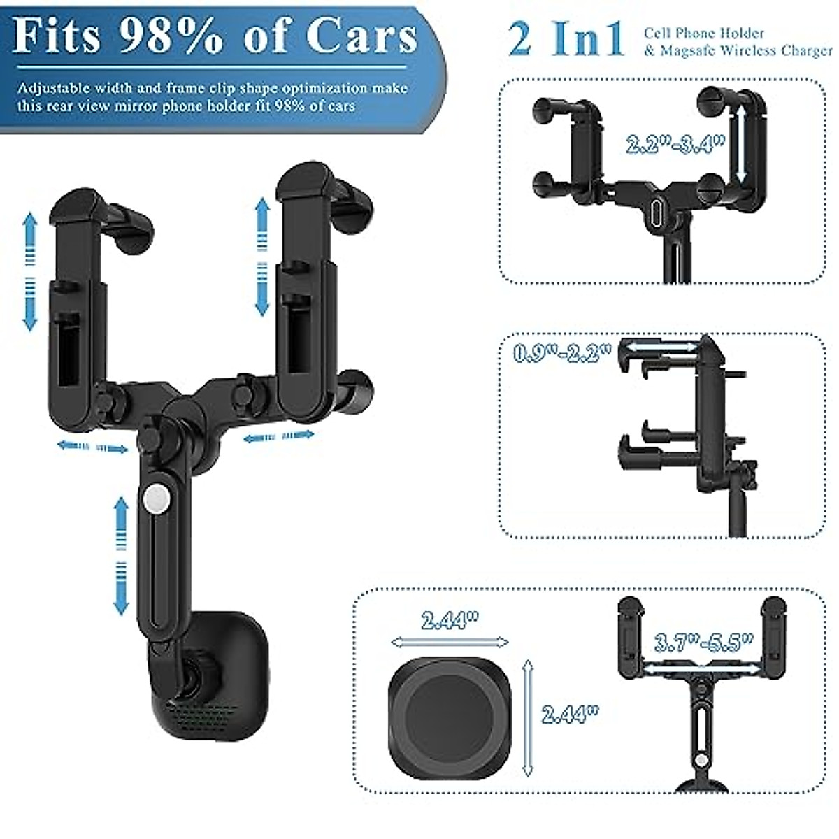 JDHDL for Magsafe Car Mount Charger, Rear View Mirror Phone Holder Car Charger, Fast Wireless Magnetic Car Charger for iPhone 14/13/12 Series and All Wireless Charging Cell Phones,Car Charger Included