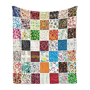 Ambesonne Retro Throw Blanket, Big Patchwork of Different Patterns Traditional Classical Old Fashioned, Flannel Fleece Accent Piece Soft Couch Cover for Adults, 70" x 90", Multicolor