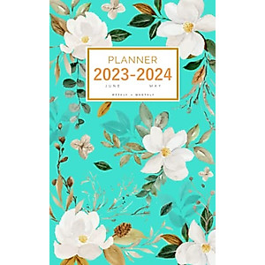 Planner 2023-2024: 5x8 Weekly and Monthly Organizer Small from June 2023 to May 2024 | Hand-Drawn Magnolia Flower Design Turquoise