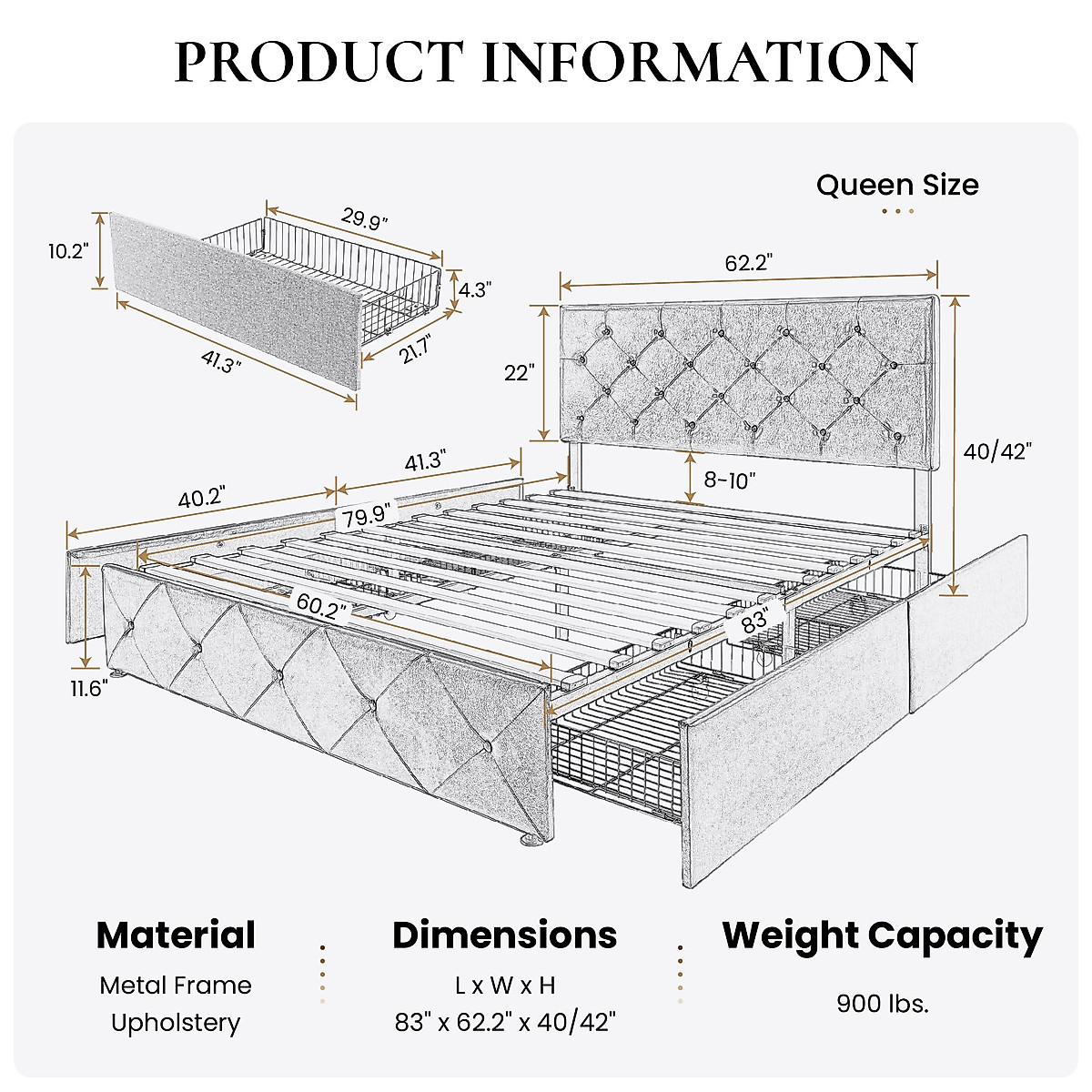 SHA CERLIN Upholstered Queen Platform Storage Bed Frame with 4 Drawers, Adjustable Headboard with Faux Leather Diamond Button Tufted Design, Wooden Slat Support, No Box Spring Needed, White