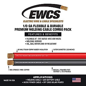 EWCS 1/0 Gauge Premium Extra Flexible Welding Cable 600 Volt - Combo Pack - Black + Red - 25 Feet of Each Color - Made in The USA