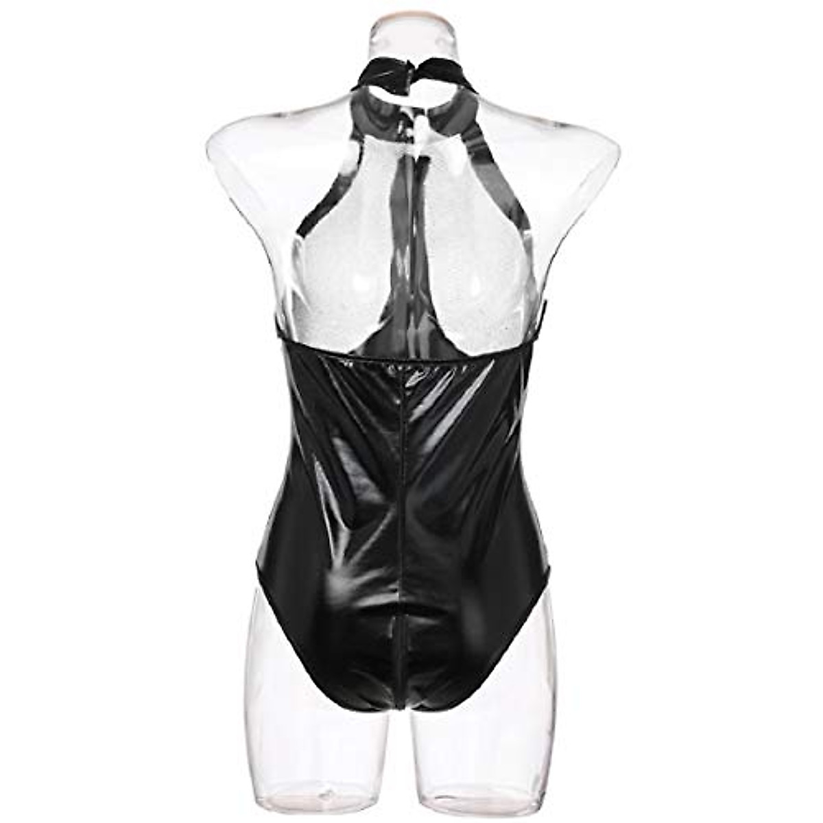 LowProfile Women Wet Look Faux Leather Teddy Babydolls Fishnet See Through Teddy Lingerie Zip Crotch Bodysuit Black