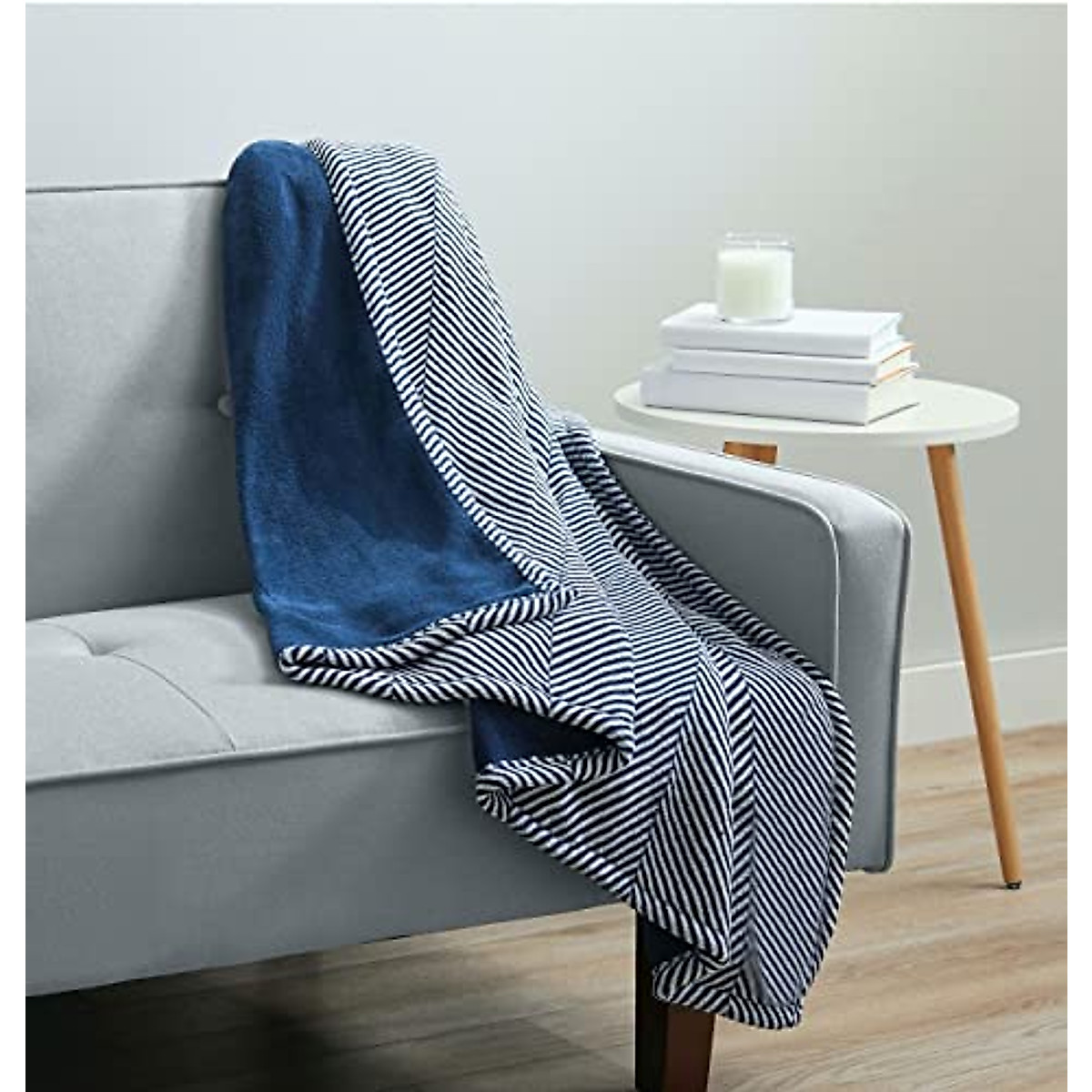 Sunbeam Navy Herringbone Microplush Heated Throw