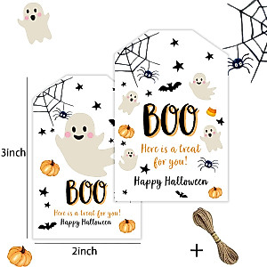 Halloween Tag Decoration 50PCS Halloween Ghost Tag with Jute String Trick or Treat Happy Boo Day for Halloween Party Gift Wrapping Candy Bag Decoration