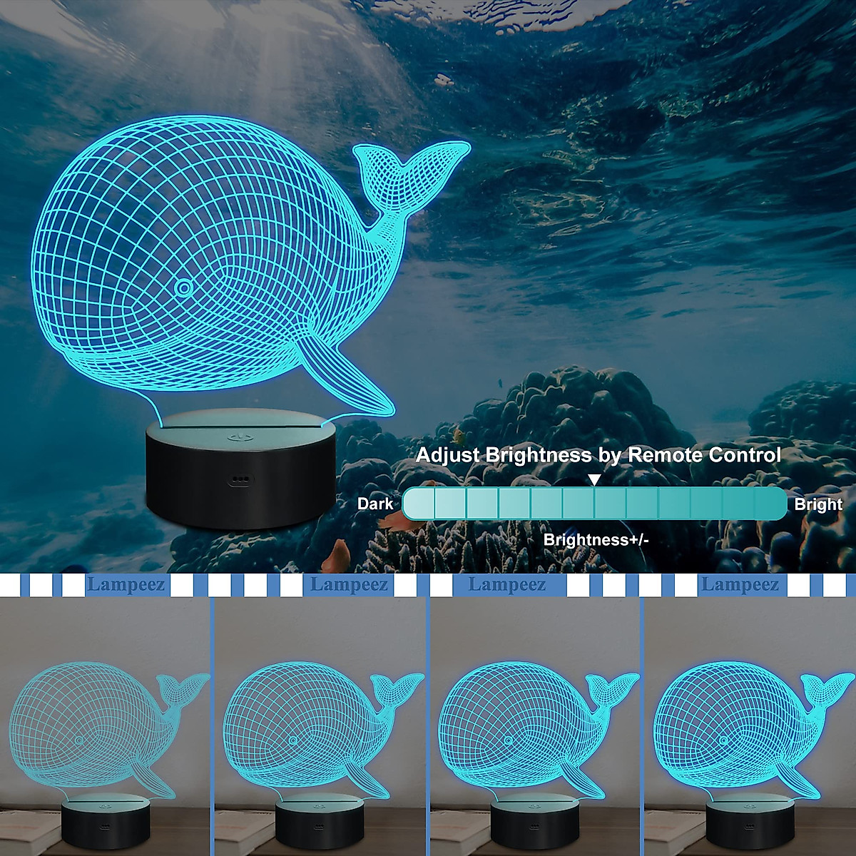 Lampeez Ocean Sea Animals 3D Lamp Kits,Dolphin, Marlin,Shark,Whale 3D Night Light for Kids (4 Patterns) with Remote Control & 16 Colors Changing & Dimmable Function & Xmas Birthday Gifts for Boy Girl