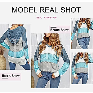 SHEWIN Womens Striped Color Block Lightweight Knit Sweater Hoodies Casual Long Sleeve V Neck Drawstring Pullover Sweatshirts Fall Sweaters for Women 2023,US 12-14(L),Sky Blue