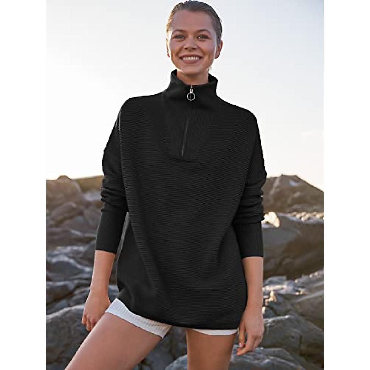 ANRABESS Women's Sweater Oversized Quarter Zipper Casual Long Sleeve Collar High Neck Ribbed Knit Loose Fit Half Zip Tunic Pullover 2023 Fashion Fall Outfits Tops 802heise-XL Black