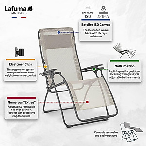 Lafuma Futura LFM3118-8548 Zero Gravity Outdoor Steel Framed Lawn Patio Recliner Folding Lounge Chair with Batyline Canvas, Seigle Grey