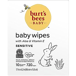 Burt's Bees Baby Wipes, Unscented Towelettes for Sensitive Skin, Hypoallergenic & Non-Irritating, All Natural with Soothing Aloe & Vitamin E, Fragrance Free, 72 count ( Pack of 10)