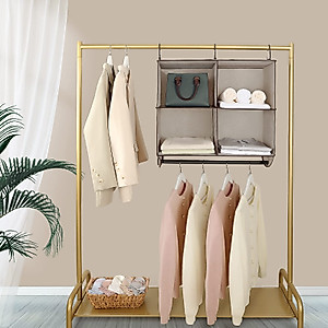 TOPIA HOME 4-Section Hanging Closet Shelves with Rod, Unique Thickened Cotton Fabric Hanging Closet Organizer, Closet Organization for Clothes, Baby, Kids, Shoes, Purse, Hat, 24" Wx12 Dx29 H, Brown