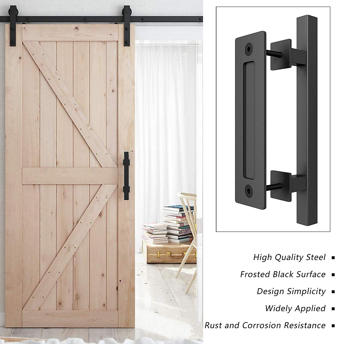 Barn Door Handle, Square 12" Barn Door Hardware Kit Pull and Push Sliding Door Handle, Rustic Two-Side Design for Barn Door, Garage Door, Closet Door, Cast Iron Black(Heavy Duty Version)