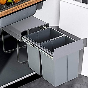 uyoyous Pull Out Trash can Under Cabinet 40 Quart Double Sliding Trash Can Under Cabinet Bin with Lid and Handle Easy to disassemble Gray Garbage Recycling Trash Container Bin