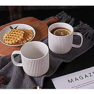 Porcelain White Mugs for Coffee, Tea, Cocoa, Set of 4, 12 oz, Lined Texture, Matte