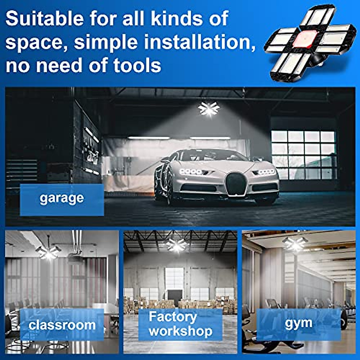 REHAVE Garage Lights Ceiling Led, 12 Panel Ceiling Led Plug in Shop Lights with 180W 18000 LM 6500K, 12 Leaf Deformable Multi-Position Panels, E26 E27 Base Ideal for Barn, Workshop, Basement (1 Pack)
