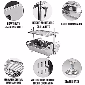 Skyflame Outdoor Fire Pit Grill Combo - Stainless Steel Wood Burning Fire Pit with Height Adjustable Cooking Grate Camping Grill Kit for Backyard Patio Hiking Backpacking Picnic Travel Tailgating