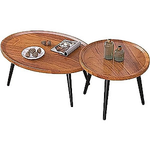 Nesting Coffee Table Oval,Wood Creative Sofa Side End Tables, Coffee Tables/Nightstand Set of 2,Black Metal Legs with Adjustable Foot Pad,for Living Room Bedroom Balcony (Color : Light Brown)