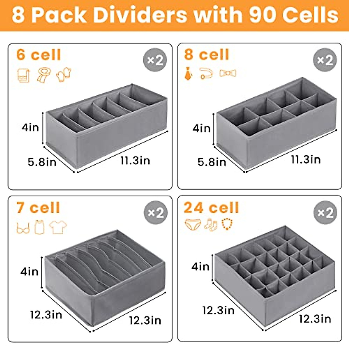 najiaxiaowu 8 Packs Underwear Drawer Organizer,Underwear and Bras Drawer Organizers for Clothing with 90 Cells Fabric Foldable Grids Dividers Box for Socks,Underwear, Bras and Ties