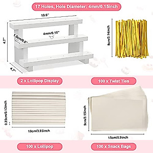 2 Pack Wood Cake Pop Stands Sucker Display 3 Tier Lollipop Holders with 100 Treats Bags 100 Lollipop Sticks 100 Gold Twist Ties for Dessert Table of Wedding Baby Shower Birthday Party (Wood)