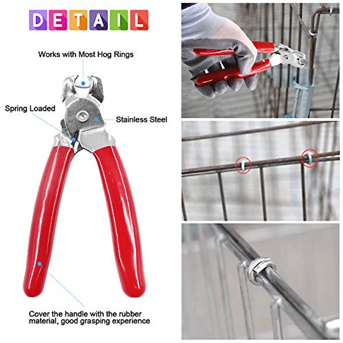 Glarks 362Pcs Hog Ring Pliers with Hog Rings Kit, 360Pcs 1/2'' 3/4'' 3/8'' Steel Hog Rings with Angled Hog Ring Pliers and Anti-Cutting Gloves for Upholstery, Fencing, DIY Craft, Furniture and more