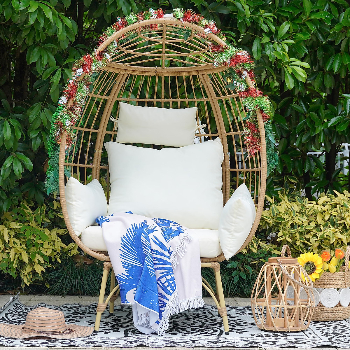 TXGDPIONEER Wicker Egg Chair, Patio Egg Chair Indoor, All-Weather Oversized Rattan Egg Lounge Chairs for Living Room, Balcony, Backyard