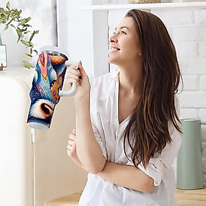 Nexawaveo Stainless Steel Tumbler with Handle and Straw Psychedelic Bull Colorful Dots Fits in Standard Cup Holder Iced Coffee Cups for Smoothie Cocktail Beer Soda Fruit Juice