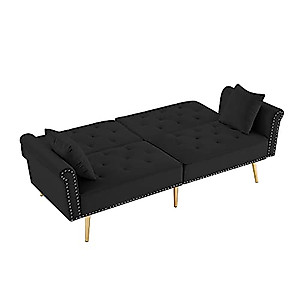 Zushule Futon Sofa Bed -Velvet Tufted Convertible Couch with 2 Pillows, Nailhead Trim, and Metal Legs- - Small Sofabed for Bedroom, Living Room, Apartment - Black with Gold Detail