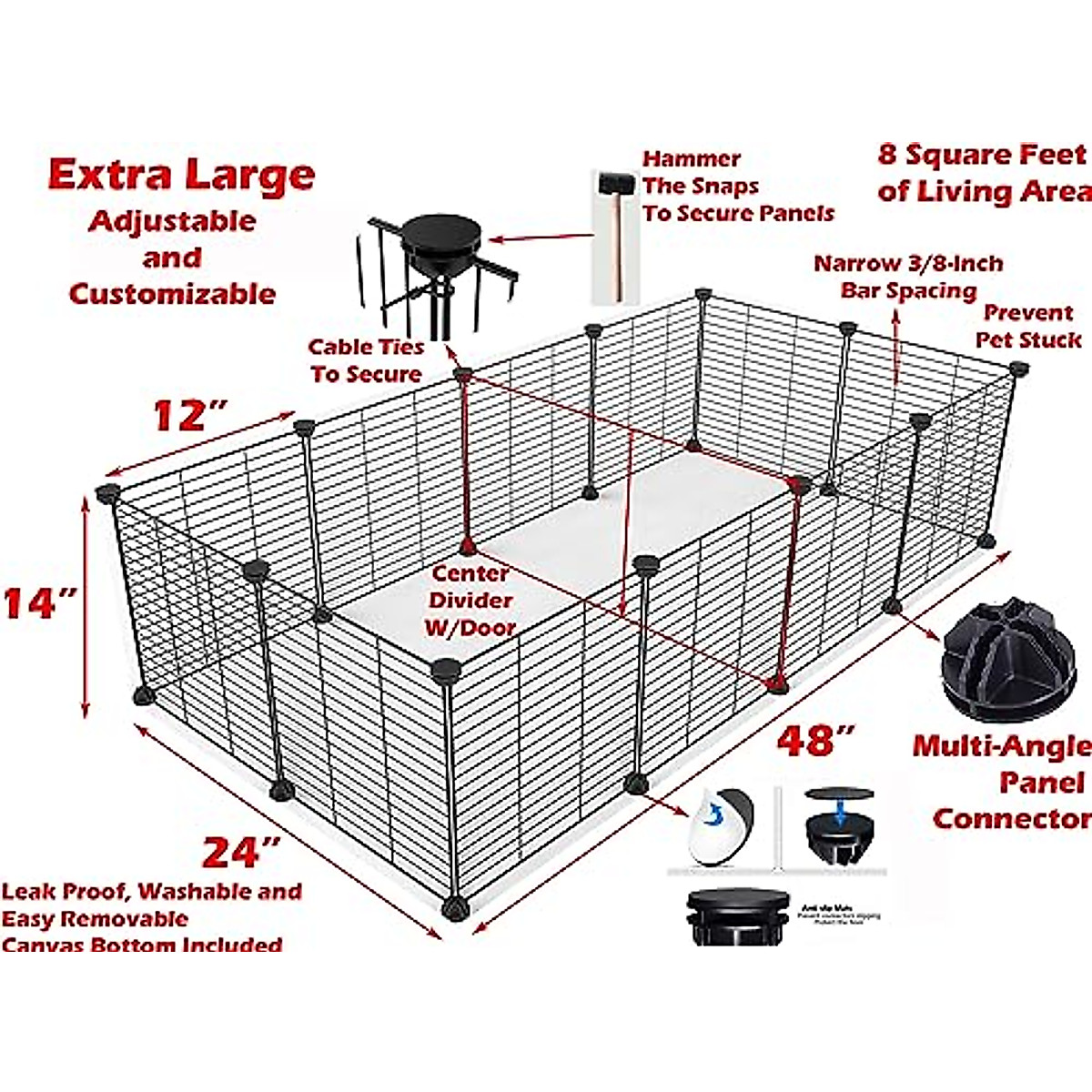 48" Extra Large Guinea Pig Dwarf Rabbit Habitat Yard Hamster Turtle Critters Cage Center Divider with Door Mice Bunny Hedgehog Enclosure with Waterproof Bottom Canvas