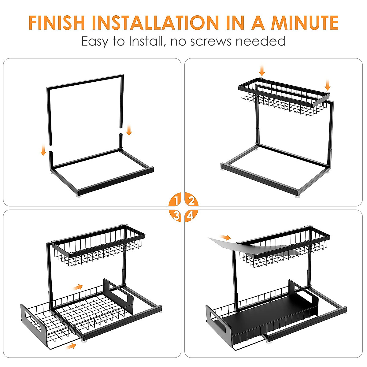Under Sink Organizer, 2 Tire Sliding Countertop Organizer, Under Sink Storage Drawer Shelf for Kitchen Bathroom Sink Organizers and Storage
