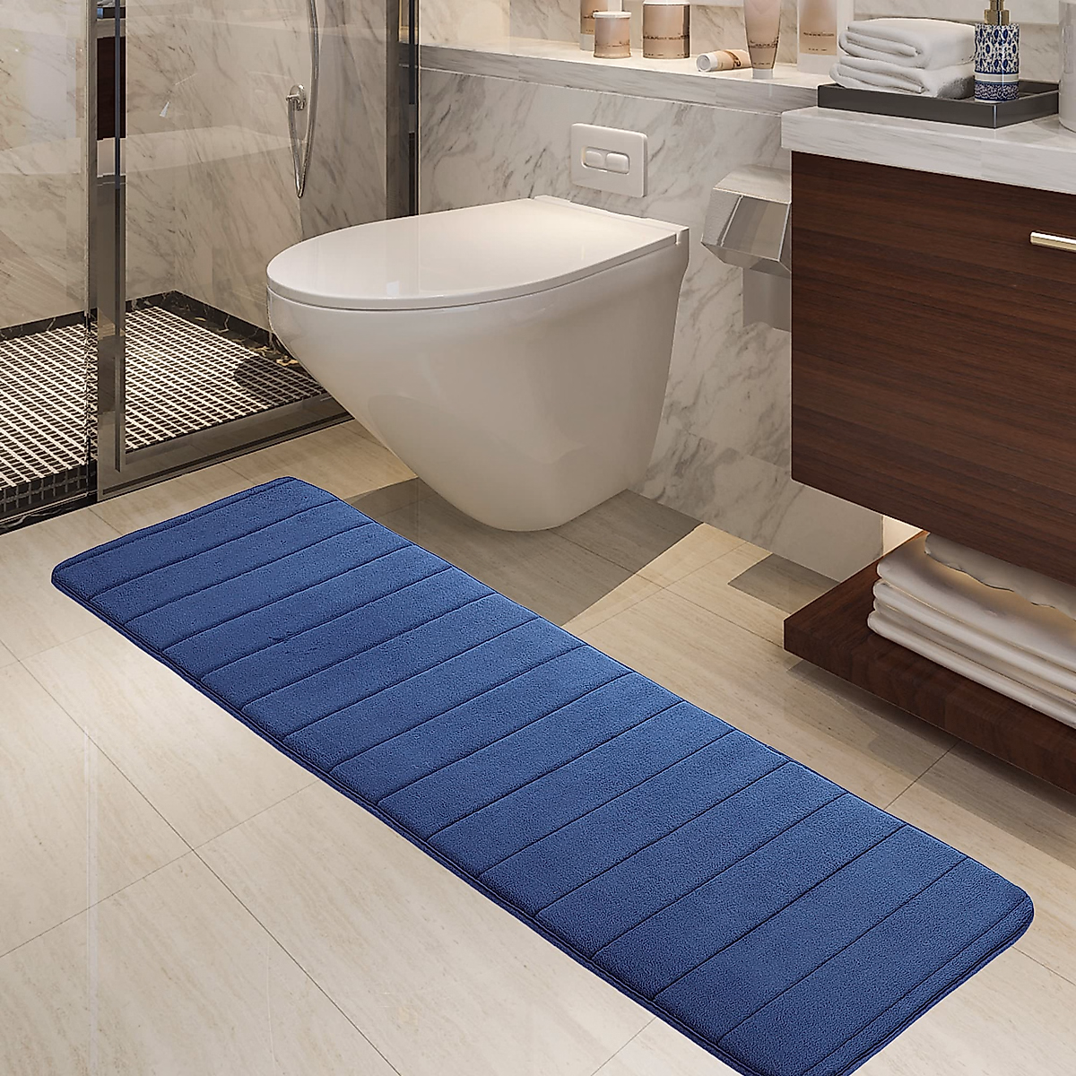 uxcell Memory Foam Bath Mat, Absorbent Runner Kitchen Rug, Soft and Comfortable Runner Floor Mat for Kitchen Bathroom Floors 16" x 47", Blue