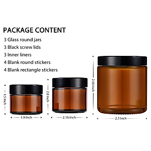 Amber Glass Jar with Lids, Tecohouse 4 oz, 2 oz and 1 oz Glass Jars with Lids & Stickers, Reusable Travel Containers for Creams, Lotion, Cosmetic - 3 pack