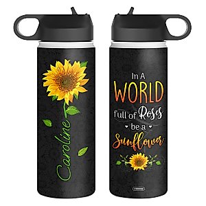 wowcugi Sunflower Gifts Personalized Sunflower Water Bottle 12oz 18oz 32oz Insulated Stainless Steel Travel Cup Sports Bottles Birthday Christmas Custom Sunflowers Gift for Girls Kids Women