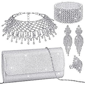 5 Pcs Silver Clutch Purses for Women Evening Rhinestone Jewelry Set Bling Clutch Purse Bag Rhinestone Necklace Ring Bracelet Earring for Women Party Wedding Bride Jewelry (Chain Style)