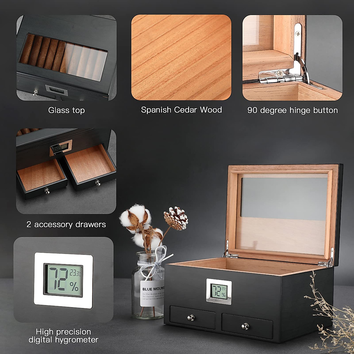 FANKAI Cigar Humidor with 2 Drawers,Cigar Accessories with Humidifier,Humidor Cigar Box Solid Cedar Wood,Cigar Gifts for Men,Glass Top Humidor,Cigar Case Fit 25-50 Cigars,Desktop Cigar Box