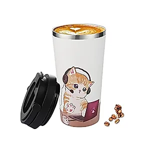 Funkrin Insulated Travel Coffee Mug with Ceramic Coating, Personalized Gifts for Men Women Kids, 16oz Stainless Steel Tumbler with Flip Lid Portable Handle, Double Wall Leak-Proof Thermos Mug