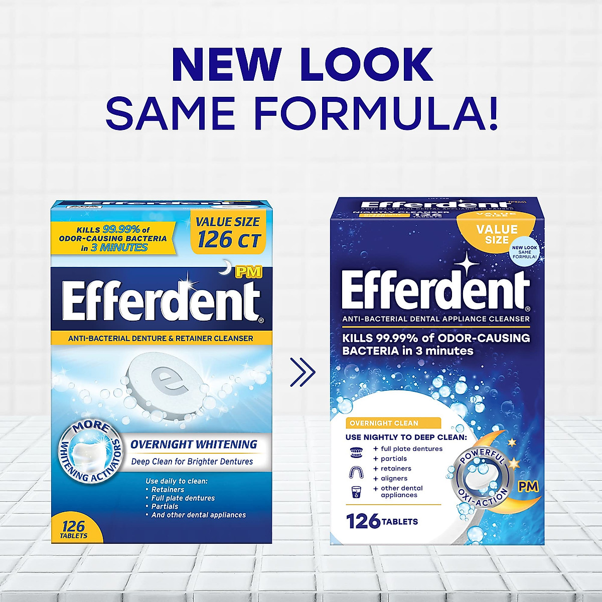 Efferdent Retainer Cleaning Tablets, Denture Cleanser Tablets For Dental Appliances, Overnight Whitening, 126 Tablets BLUE (Pack of 2)