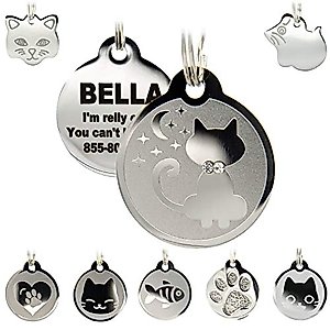 Stainless Steel Cat ID Tags - Engraved Personalized Cat Tags Includes up to 4 Lines of Text with Kitty Shape