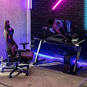 S*MAX Gaming Desk with LED Lights Real RGB Leg Led Gaming Desk Wireless Charging & USB Pad Carbon Fiber Finish Large Z Shaped Gaming Table 47 Inch Cup Holder Headphone Hook Home Gaming Desk Black