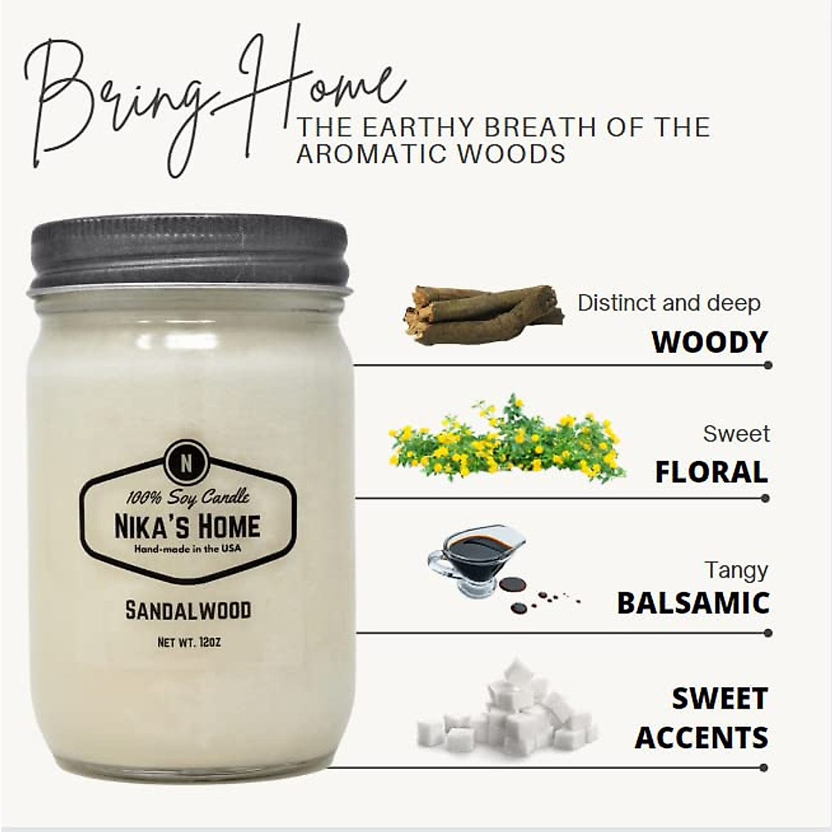 Nika's Home Sandalwood Soy Candle 12oz Mason Jar Non-Toxic White Soy Handmade, Long Burning 50-60 Hours Highly Scented All Natural, Clean Burning Large Candle Gift Décor