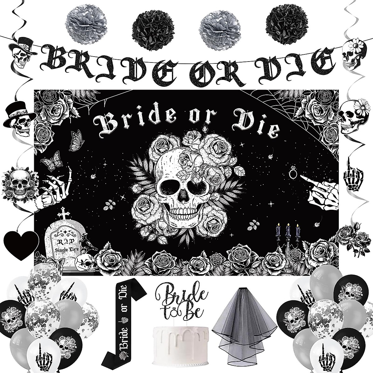Roetyce Bride or Die Bachelorette Party Decorations, 35PCS Black Bride to Be Banner Balloons Sash Veil Hanging Swirls Cake Topper Kit, Till Death Do Us Decorations for Bridal Shower Wedding Party