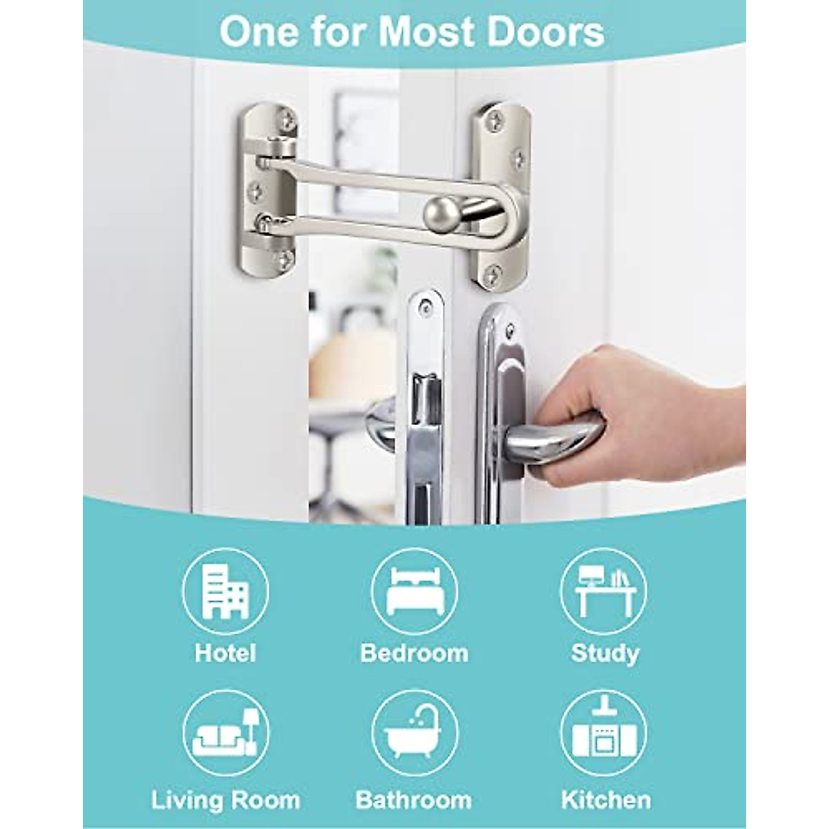 Door Lock Latch for Home Security - Swing Bar Door Guard for Front and Inside Door, Safety Childproof Reinforcement Door Stopper for Kids Home Hotel Apartment, Thicken Aluminium Alloy Satin Nickel (2)