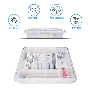 YICOCHI Portable Utensil Holder for Countertop with Lid & Handle, Plastic Silverware Tray for Drawer Flatware Organizer, White